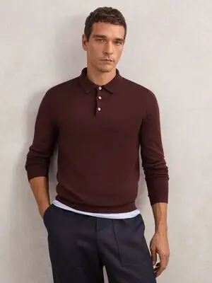 REISS Trafford Wool Long-sleeve Polo Shirt - Port Red