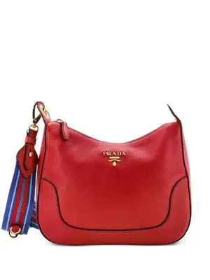 Prada Striped Strap Zip Hobo Vitello Daino Medium Crossbody Bag - Red