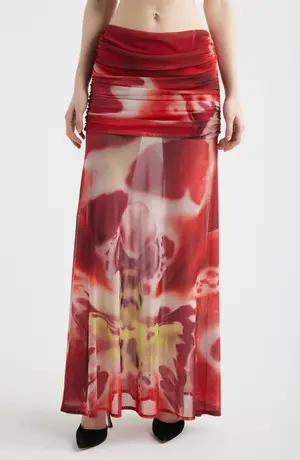 FENERS Susurro Print Ruched Mesh Maxi Skirt - Blush
