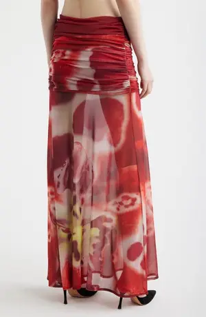 FENERS Susurro Print Ruched Mesh Maxi Skirt - Blush