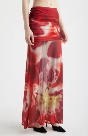 FENERS Susurro Print Ruched Mesh Maxi Skirt - Blush