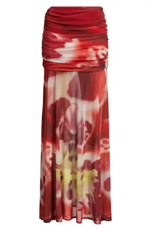 FENERS Susurro Print Ruched Mesh Maxi Skirt - Blush
