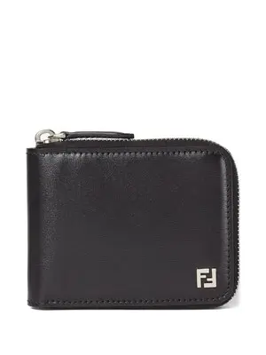 Fendi Compact Leather Wallet With Zip And Ff Logo - Black