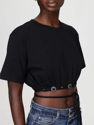 Pinko Cropped T-shirt With Embellished Hem - Black