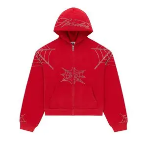 SP5DER Rhinestone Web Zip Up Hoodie - Red
