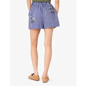 Maje Striped Floral-embroidered Cotton-blend Shorts