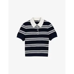 Maje Striped Rhinestone-trim Knitted Polo Shirt - Ecru/navy Blue