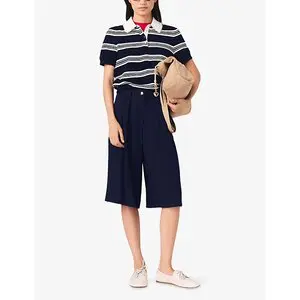 Maje Striped Rhinestone-trim Knitted Polo Shirt - Ecru/navy Blue