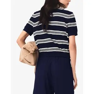Maje Striped Rhinestone-trim Knitted Polo Shirt - Ecru/navy Blue
