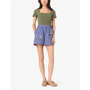 Maje Striped Floral-embroidered Cotton-blend Shorts - White/blue