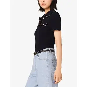 Maje Short-sleeved Ribbed Knitted Polo Shirt - Navy