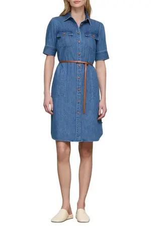 Lafayette 148 New York Belted Chambray Shirt Dress - Faded Skyline