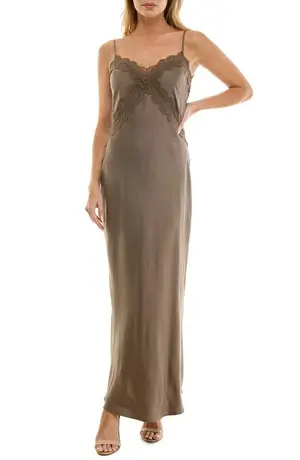 SOCIALITE Bias Cut Lace Trim Satin Slipdress - Mocha