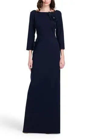 EMILY SHALANT Stretch Crepe Floral Appliqué Gown - Navy