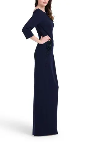 EMILY SHALANT Stretch Crepe Floral Appliqué Gown