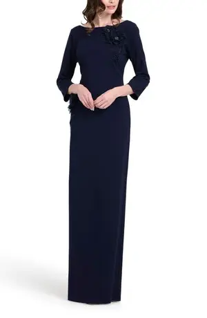 EMILY SHALANT Stretch Crepe Floral Appliqué Gown