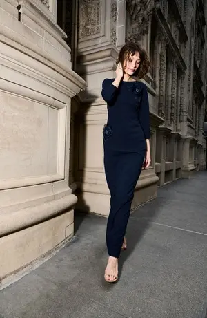 EMILY SHALANT Stretch Crepe Floral Appliqué Gown