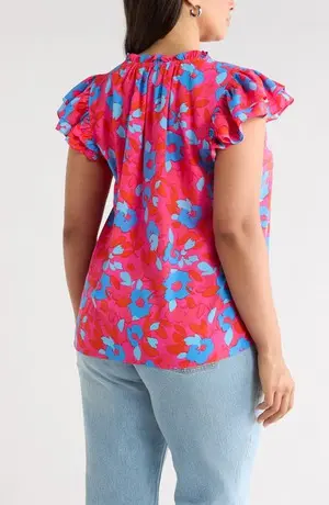 SUGARLIPS Floral Ruffle Cap-sleeve Top - Fuchsia-blue-multi
