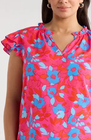 SUGARLIPS Floral Ruffle Cap-sleeve Top - Fuchsia-blue-multi