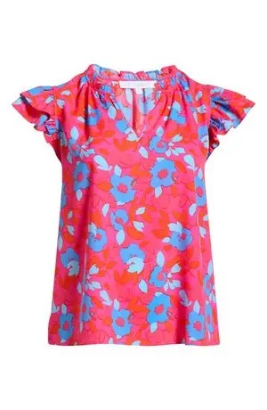 SUGARLIPS Floral Ruffle Cap-sleeve Top - Fuchsia-blue-multi