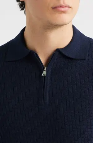 AURELIEN Basket Weave Stitch Long Sleeve Quarter Zip Polo Sweater