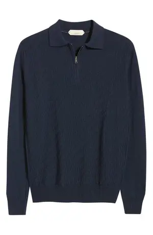 AURELIEN Basket Weave Stitch Long Sleeve Quarter Zip Polo Sweater