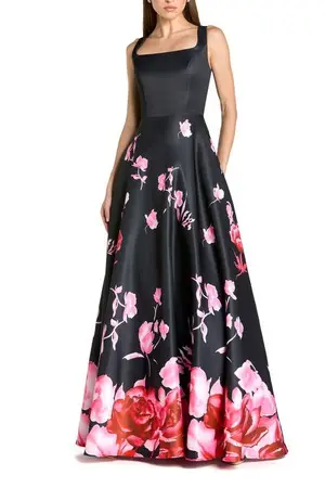 Mac Duggal Printed Satin Sleeveless Ballgown - Black Multi