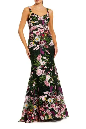 Mac Duggal Sleeveless Embroidered Mermaid Gown - Black Multi