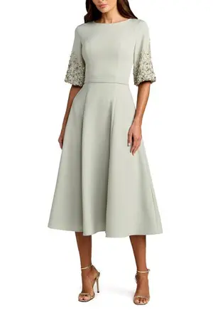 Mac Duggal Crepe A-line Midi Dress With Beaded Sleeves - Sage
