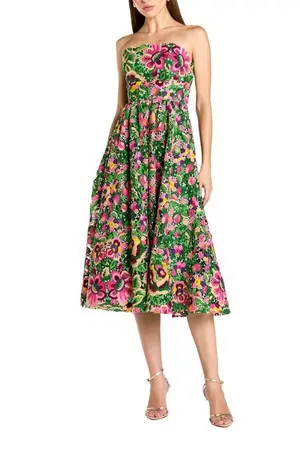 Mac Duggal Floral Embroidered Strapless Midi Dress - Green Multi