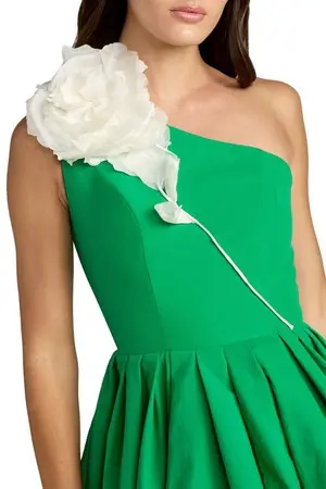 Mac Duggal One-shoulder Floral Appliqué Bubble Mini Dress