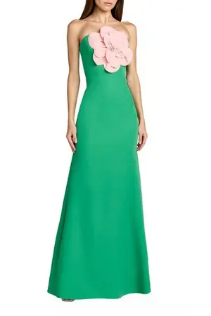 Mac Duggal Crepe Strapless Column Gown With 3d Flower - Spring Green