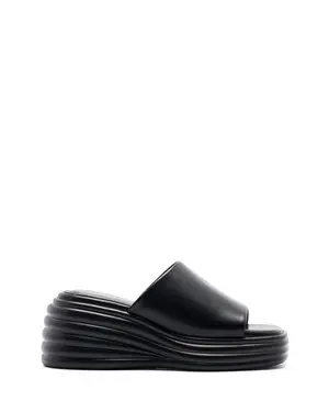 THERAPY AUSTRALIA Flaunt Square Toe Wedge Sandal - Black Smooth Pu