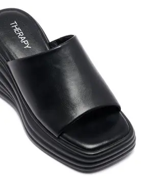 THERAPY AUSTRALIA Flaunt Square Toe Wedge Sandal - Black Smooth Pu