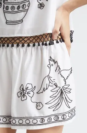 BODE Beaded Cockatoo Poplin Tap Shorts - White