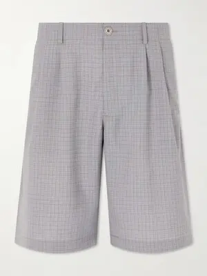 Our Legacy Ponte Straight-leg Pleated Checked Grain De Poudre Shorts - Gray
