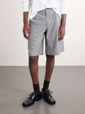 Our Legacy Ponte Straight-leg Pleated Checked Grain De Poudre Shorts - Gray