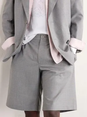 Our Legacy Ponte Straight-leg Pleated Checked Grain De Poudre Shorts - Gray
