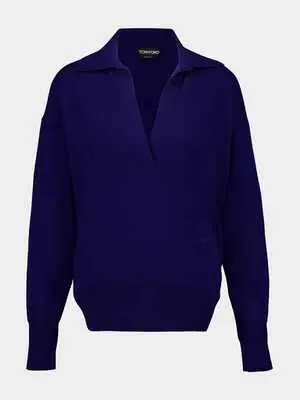 TOM FORD Bright Navy Long Sleeve Cashmere Polo - Blue