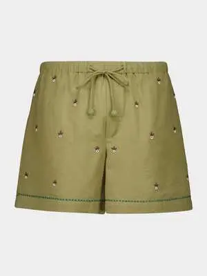 BAZISZT Floral Embroidered Cotton Shorts - Green