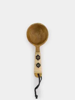 Madam Stoltz Wooden Serving Spoon With Rattan Handle - Black