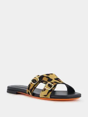 Santoni Leopard-print Double-buckle Calf Hair Slides - Brown