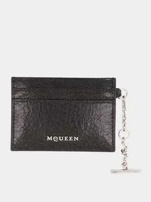 Alexander McQueen Crackled Leather Card Holder With Silver Chain - Black