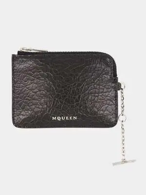Alexander McQueen Crackled Leather Zip Coin Pouch With Chain - Black