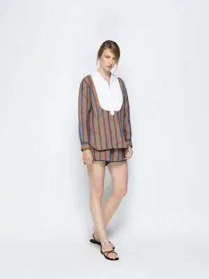 PAULA Calcita Stripes Embroidered Linen Shorts - Blue