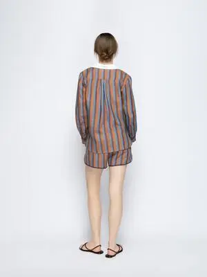 PAULA Calcita Stripes Embroidered Linen Shorts - Blue