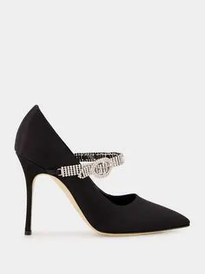 Manolo Blahnik Satin Pumps With Crystal Strap - Black