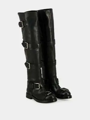 Dolce & Gabbana Horse Leather Buckled Tall Boots - Black