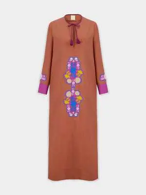 PAULA Camille Caramel Café Linen Dress With Embroidered Patches And Belt - Brown