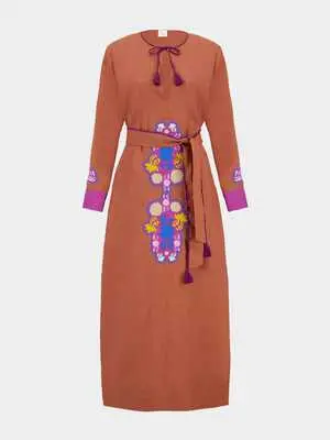 PAULA Camille Caramel Café Linen Dress With Embroidered Patches And Belt - Brown